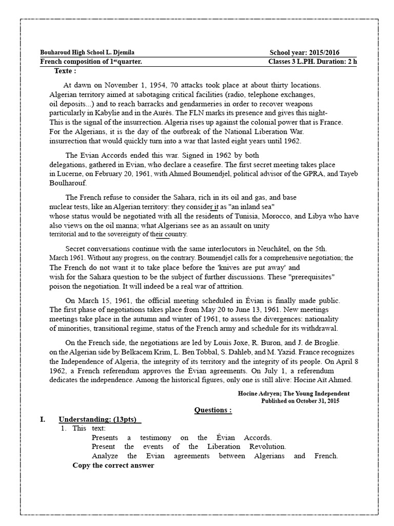 Composition in French For The 1st Trimester 3A. Final Version 2 | PDF ...