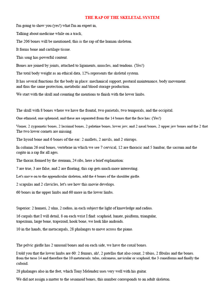 The Rap of The Skeletal System | PDF | Skeleton | Skull
