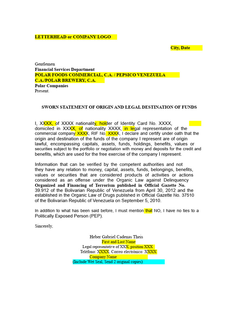 Sworn Statement of Funds Origin | PDF