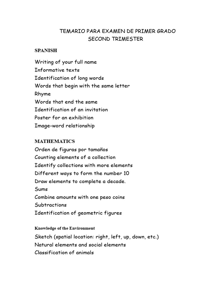 Syllabus - First Grade - Second Trimester | PDF