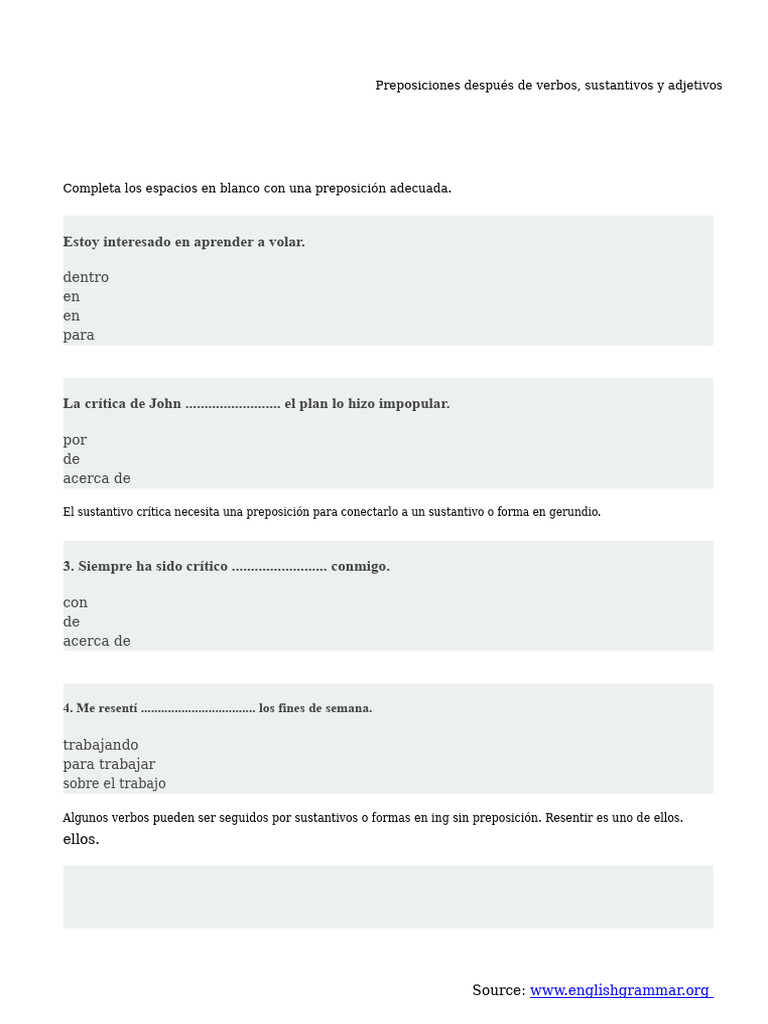 Preposiciones después de verbos, sustantivos y adjetivos | PDF ...