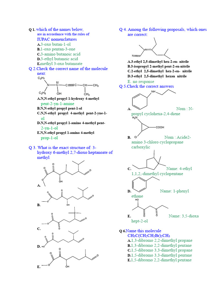 IUPAC Nomenclature Quiz Questions | PDF | Organic Compounds | Molecules