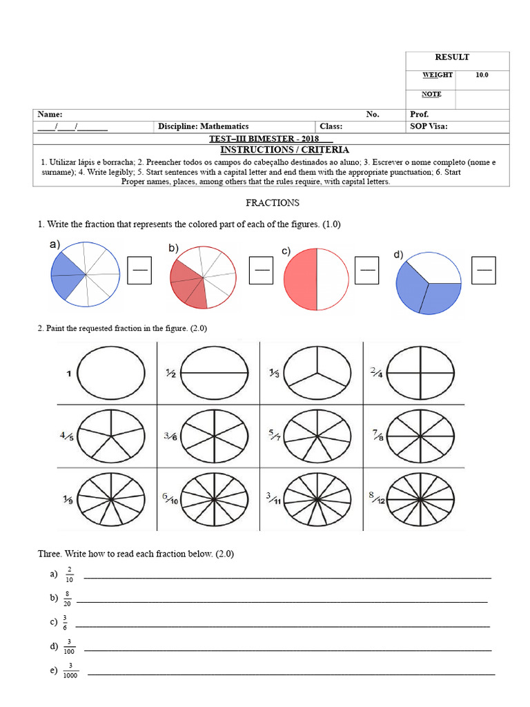 MATHEMATICS TEST - FRACTIONS.pdf | PDF | Mathematics