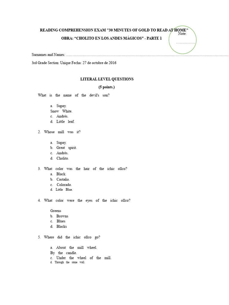 Reading Comprehension Exam Cholito in the Andes 1 | PDF