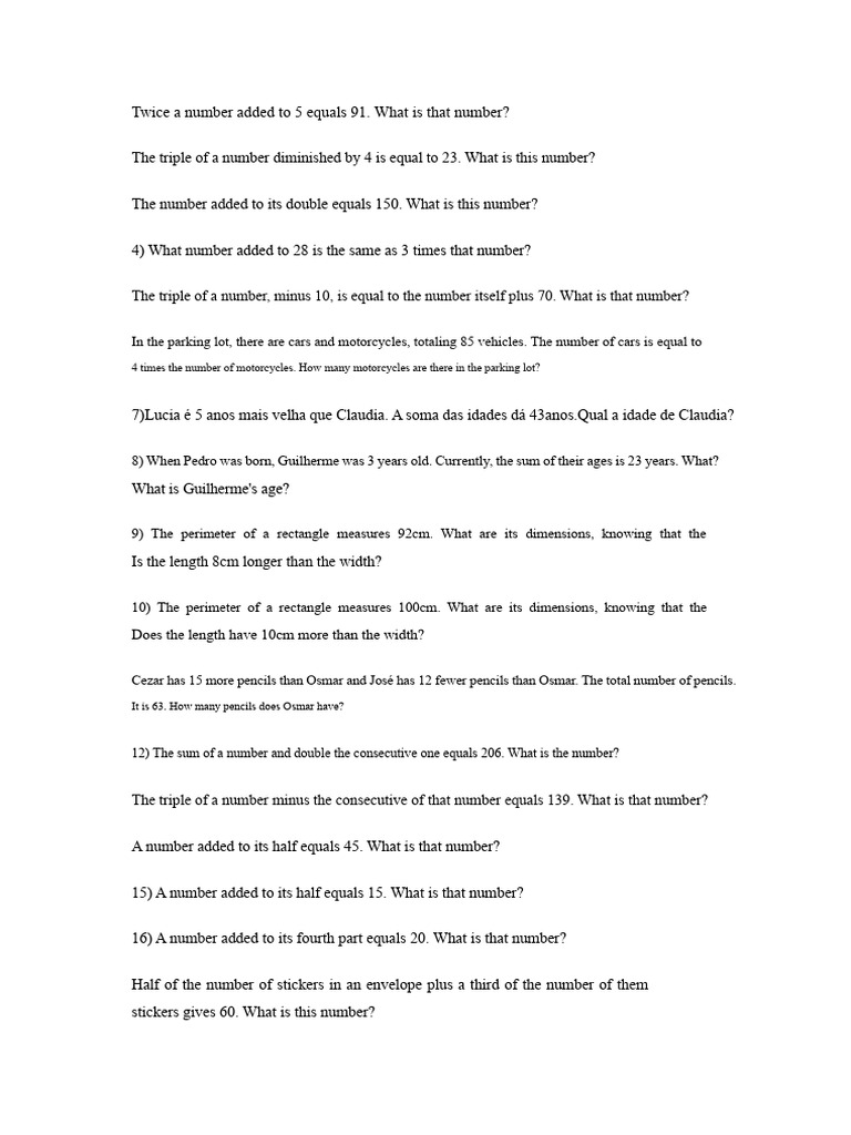 First Degree Equation Exercises | PDF | Length | Mathematical Concepts