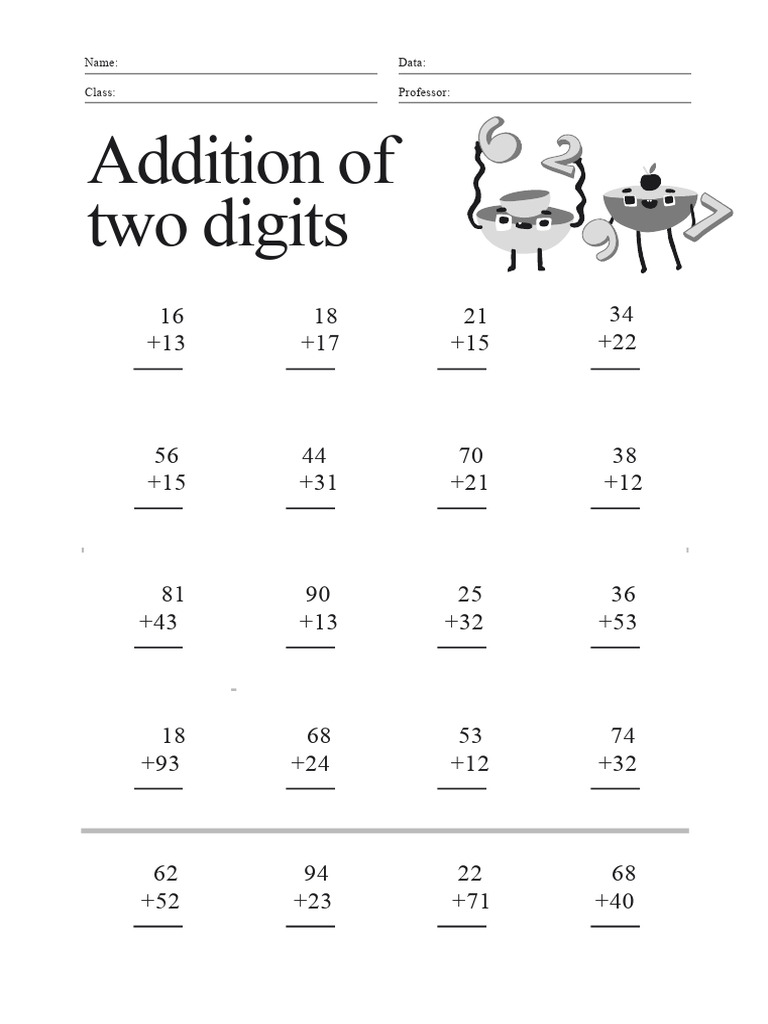 Basic Mathematics Activity Sheet On Two-Digit Addition in Black and ...