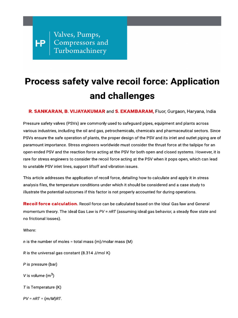 Process Safety Valve Recoil Force Calculation | PDF