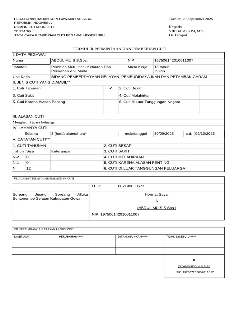 Tata Cara Permohonan Cuti PNS | PDF
