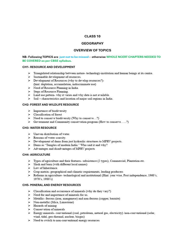 Class 10 Geography Key Topics Overview | PDF | Agriculture | Economies