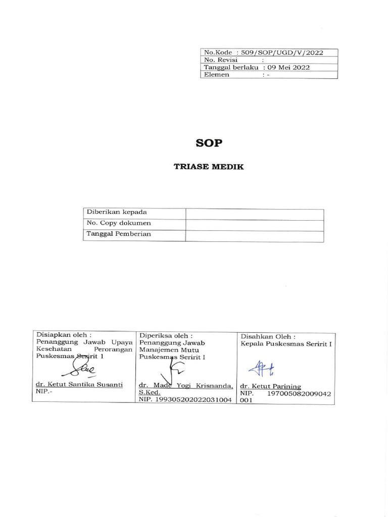 SOP Triase Medik UGD Puskesmas Seririt I | PDF