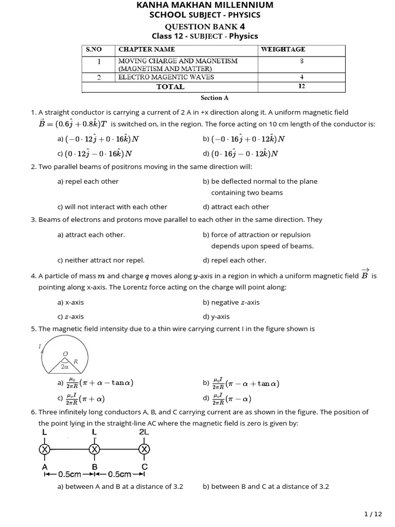Question Bank 4 Cl 12 Physics | PDF | Magnetic Field | Electromagnetic ...