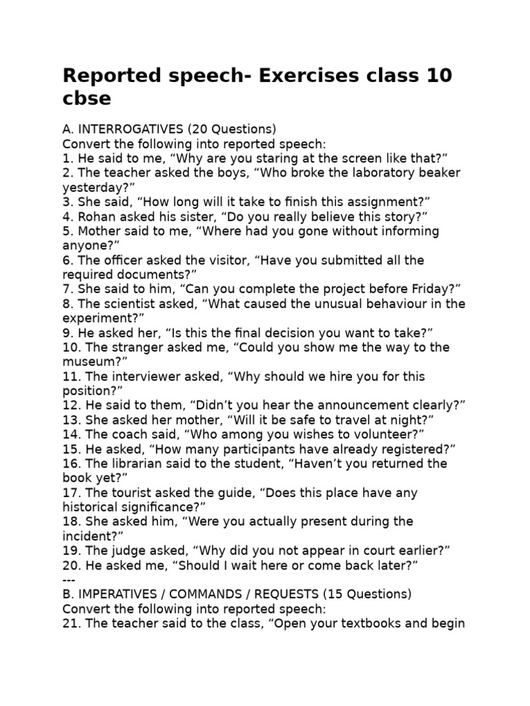Reported Speech- Exercises Class 10 Cbse | PDF