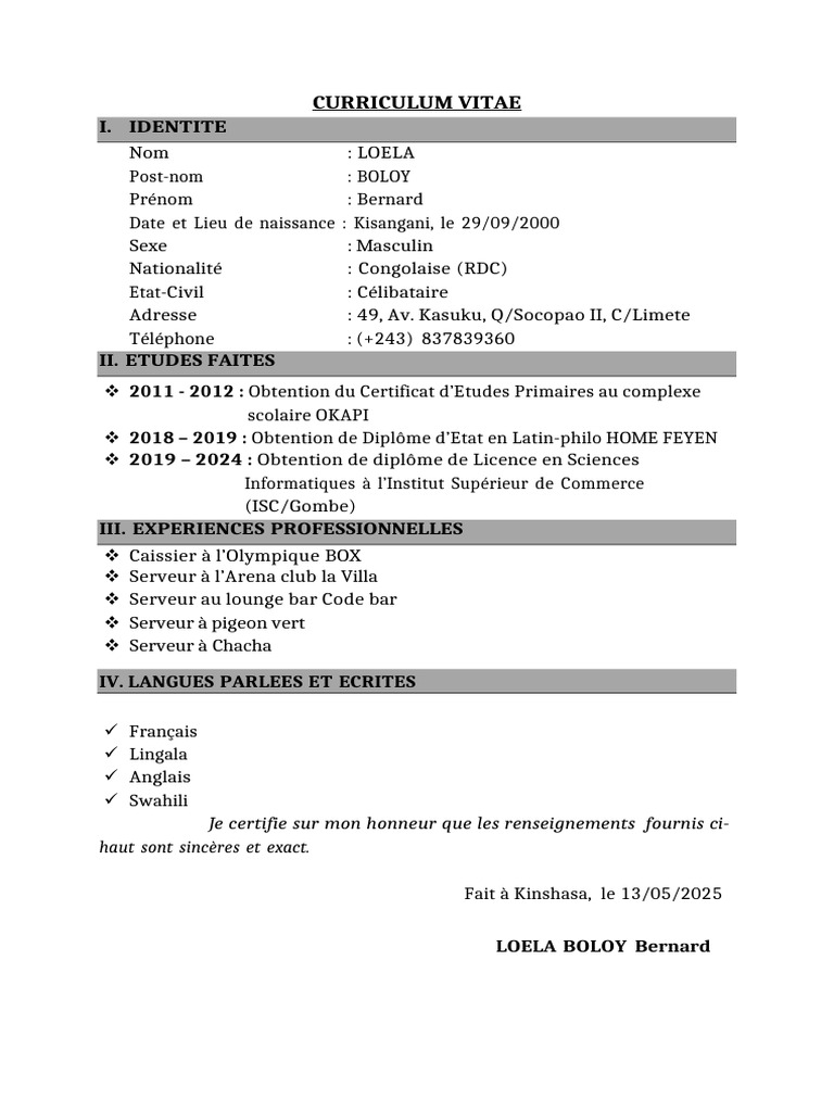 Curriculum Vitae de Bernard Loela Boloy | PDF