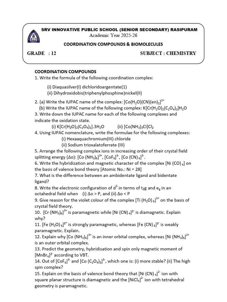 Coordination Compounds and Biomolecules Guide | PDF | Coordination ...