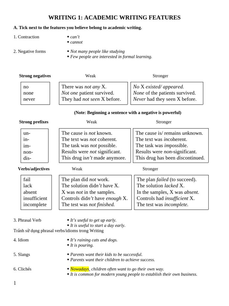 Academic Writing Features Checklist | PDF | Verb | English Language