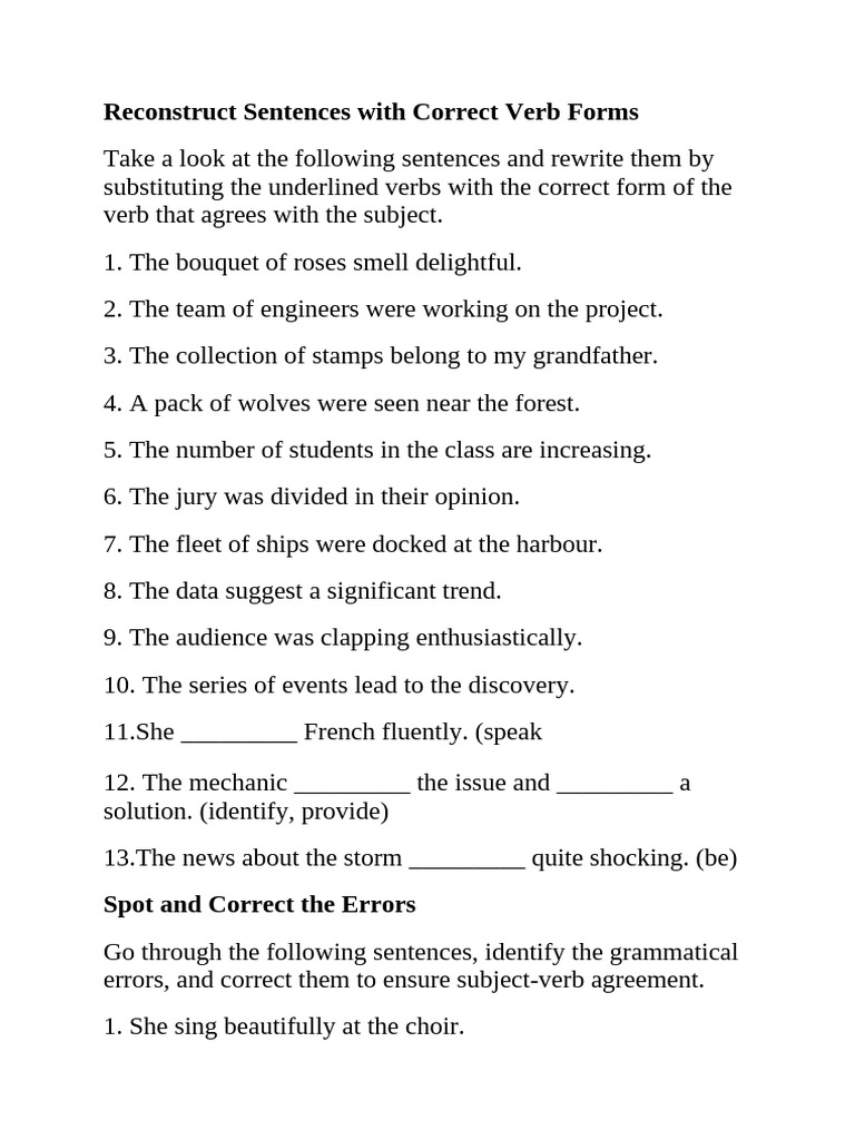 Reconstruct Sentences With Correct Verb Forms Worksheet 2 | PDF