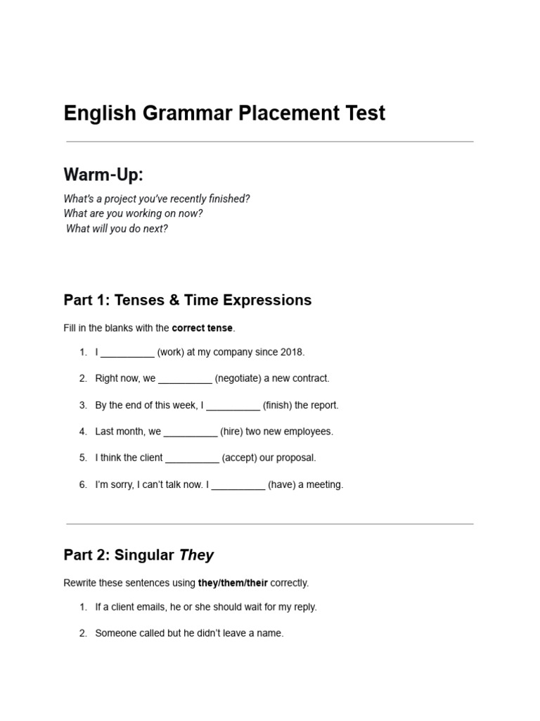 English Grammar Placement Test | PDF