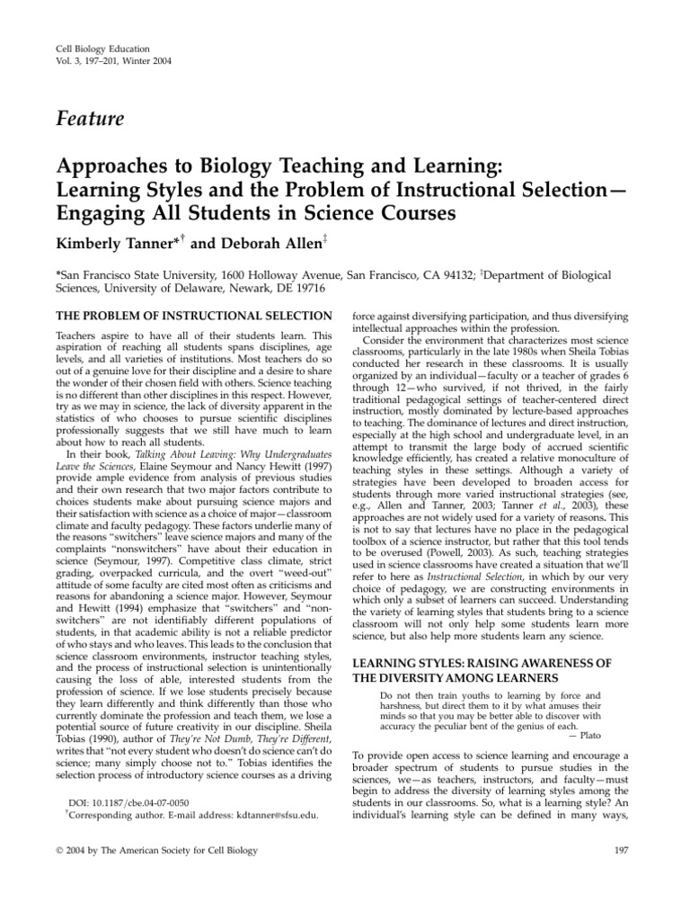Tanner Allen 2017 Approaches To Biology Teaching and Learning Learning ...