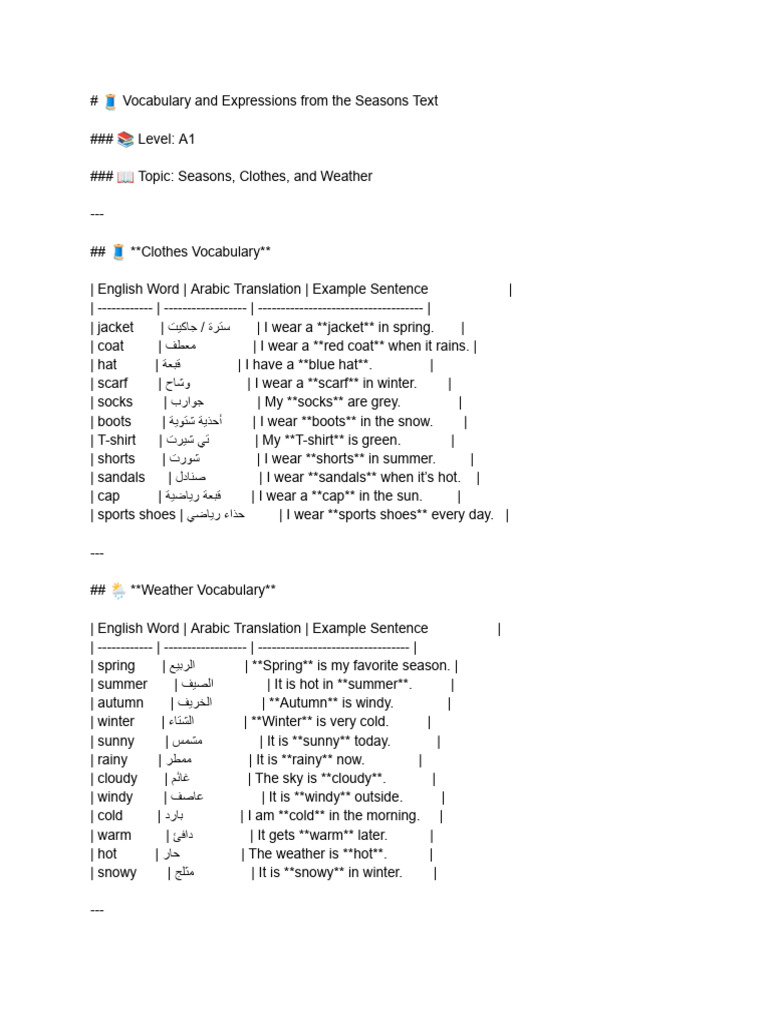 Seasons and Weather Vocabulary A1 | PDF | Fashion | Clothing