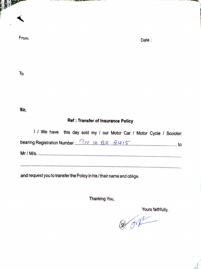Request for Insurance Policy Transfer | PDF