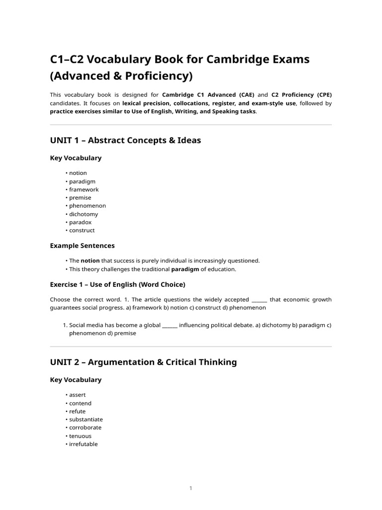 C1-C2 Vocabulary Guide for Cambridge Exams | PDF