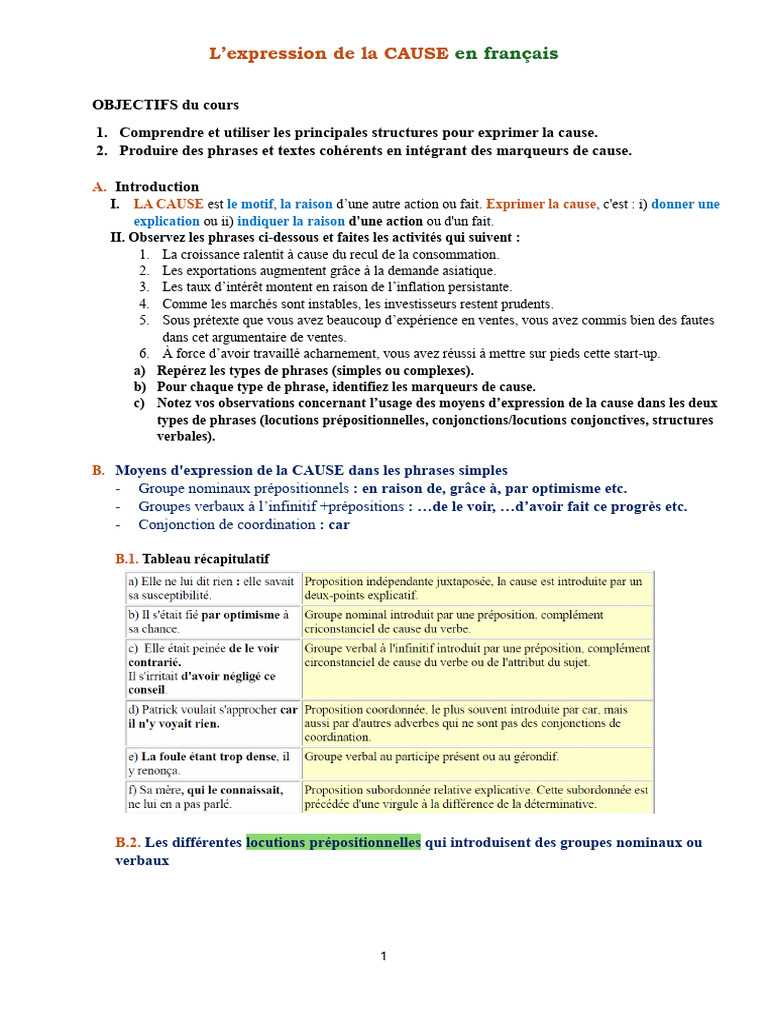 Structures pour exprimer la cause en français | PDF | Clause ...