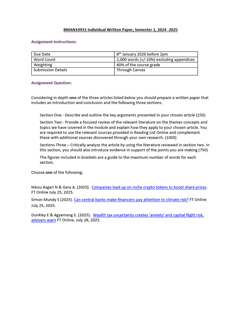 BMAN10931 Individual Written Paper Guide | PDF | Plagiarism