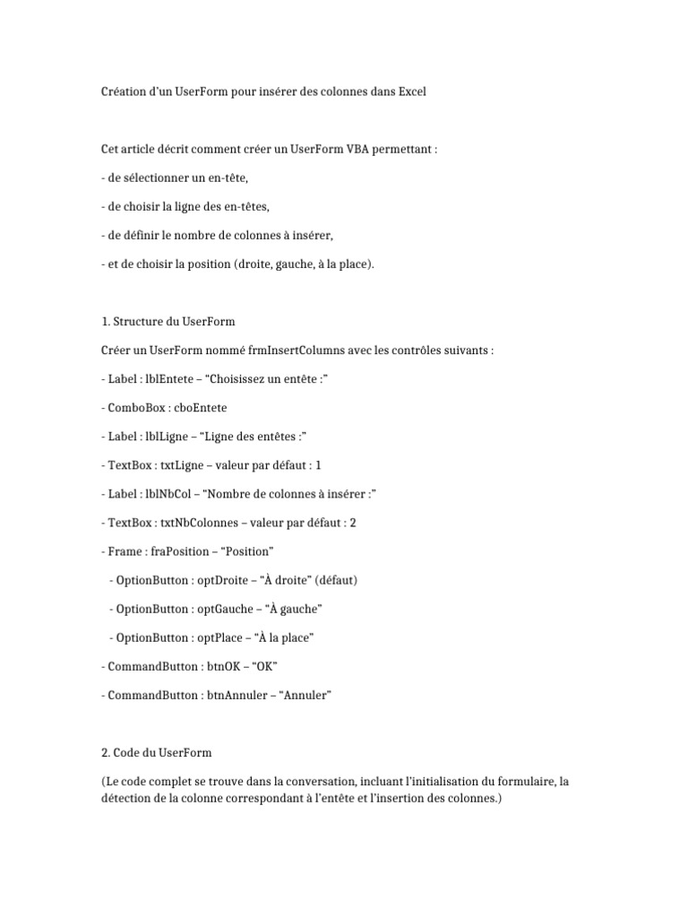 UserForm VBA pour insérer des colonnes Excel | PDF