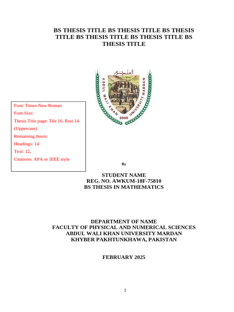 BS Thesis in Mathematics at AWKUM | PDF | Thesis | Times New Roman