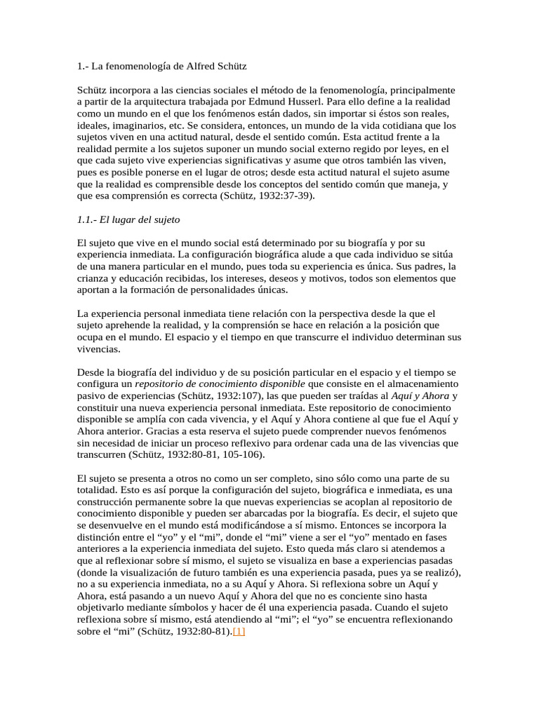 Fenomenología de Alfred Schütz en Sociología | PDF | Sicología ...
