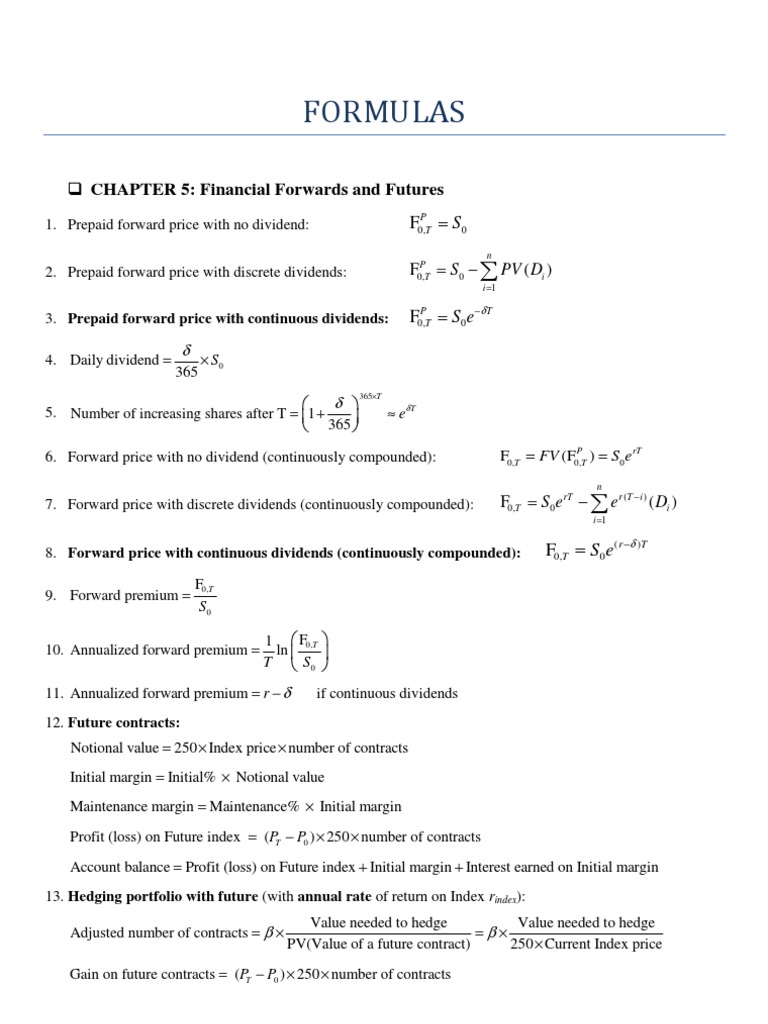 Formulas: CHAPTER 5: Financial Forwards and Futures | PDF | Bond ...