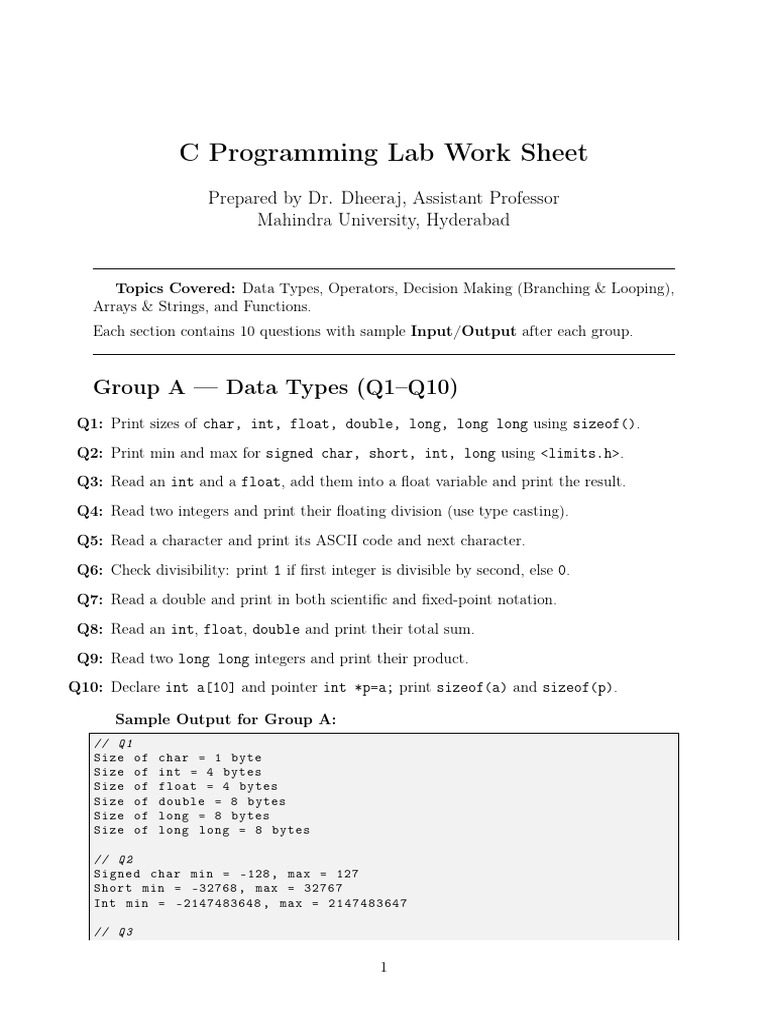 C Programming Lab Work Sheet | PDF | Integer (Computer Science) | Pointer (Computer Programming)