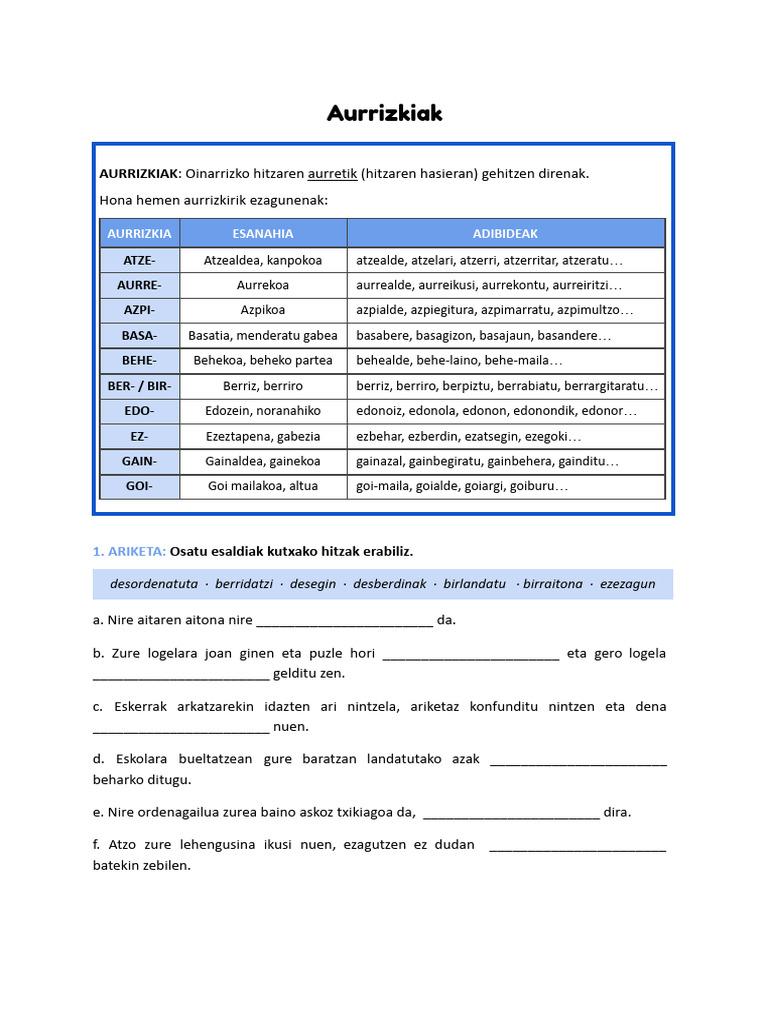 Aurrizkiak Eta Atzizkiak | PDF