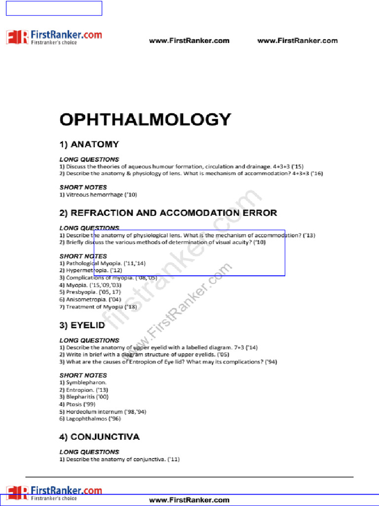 FR Ophthalmology Chapter Wise Questions Last 10 Years 3rd Year | PDF