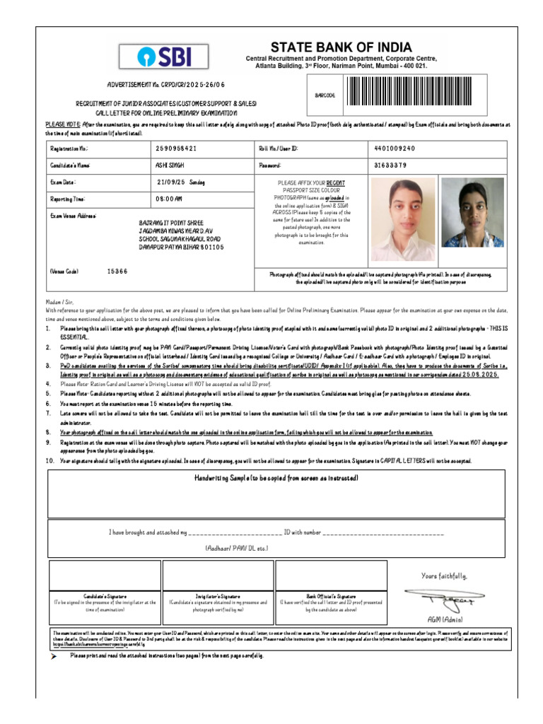 Ashi Admit Card | PDF | Identity Document