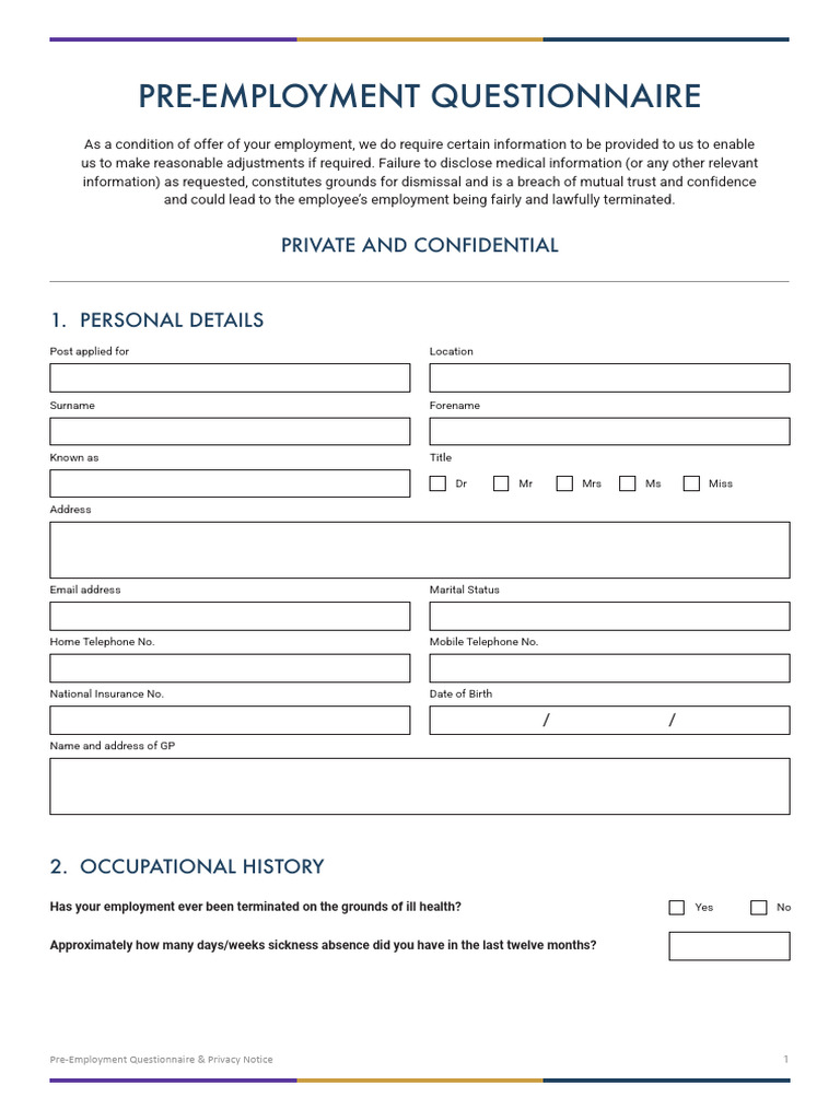 Pre Employment Questionaire | PDF | Employment | Regulatory Compliance