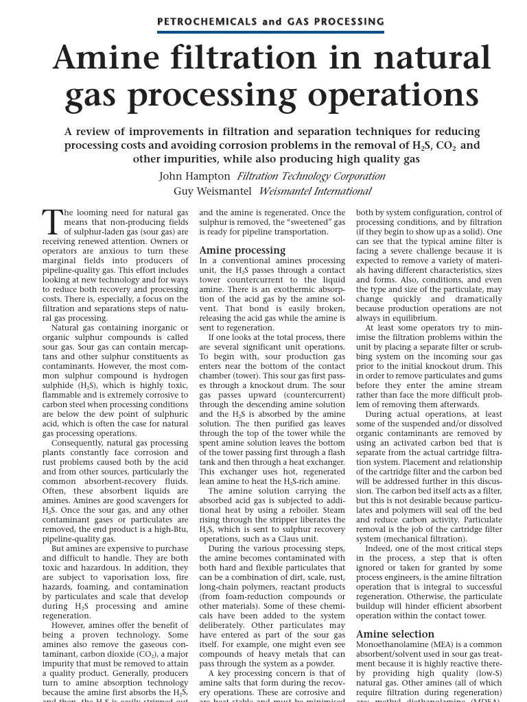 Amine Filtration in Natural Gas Processing Operations. | PDF ...