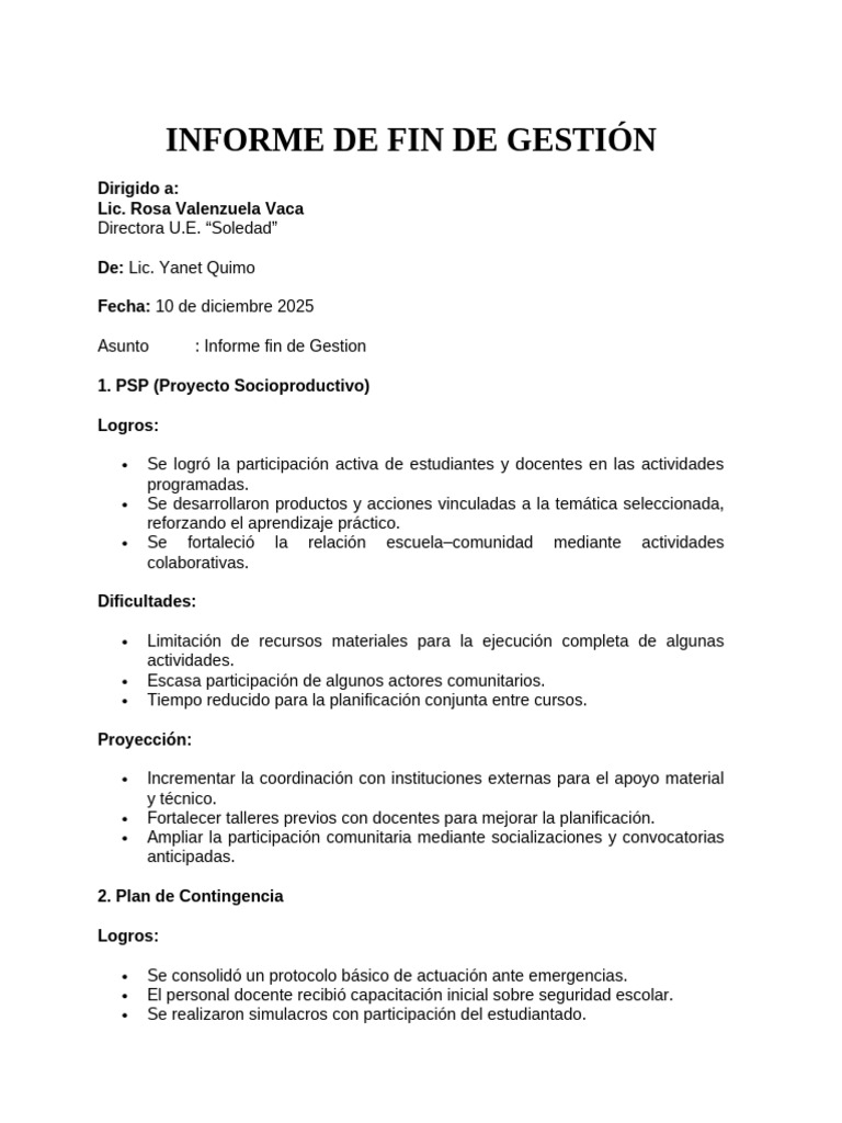 Informe de Fin de Gestió1 Quimo | PDF | Plan de estudios | Maestros