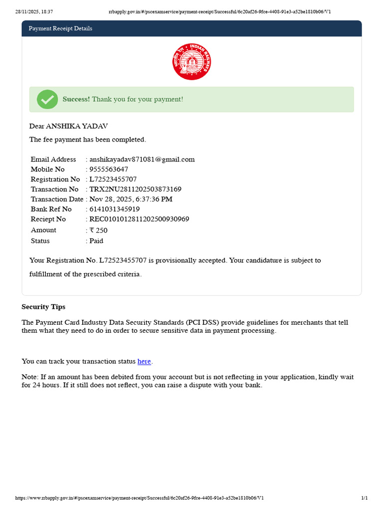 Rrbapply.gov.in # Pscexamservice Payment-receipt Successful 6c20af26 ...