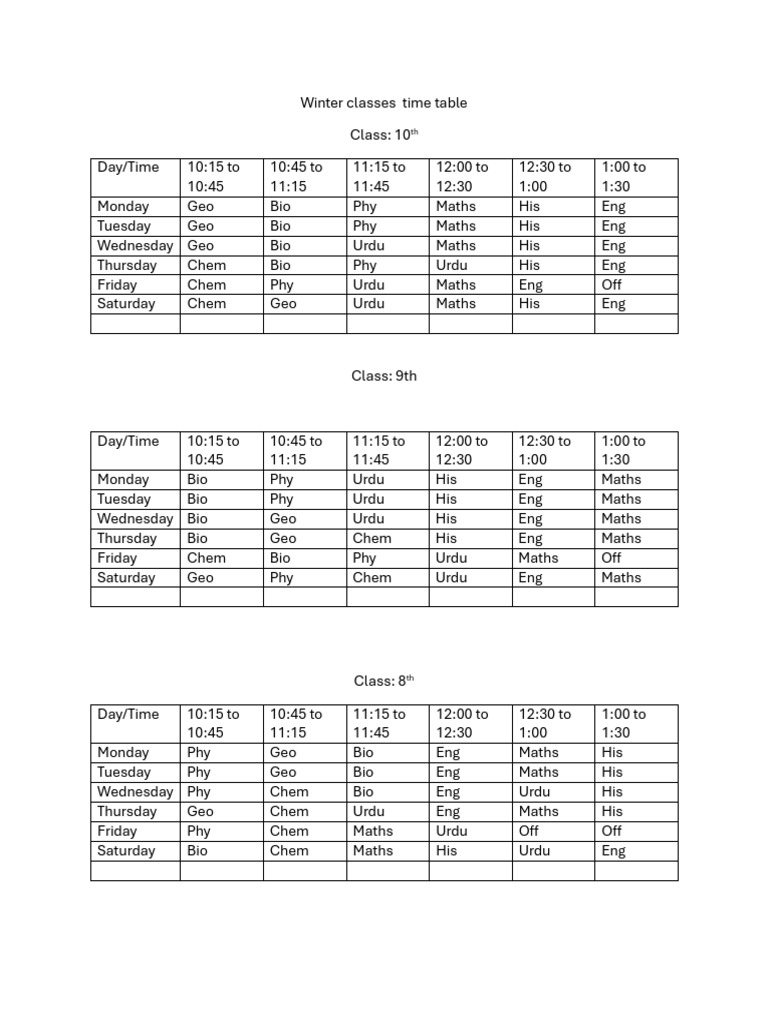 Winter Class Timetable for Grades 8-10 | PDF