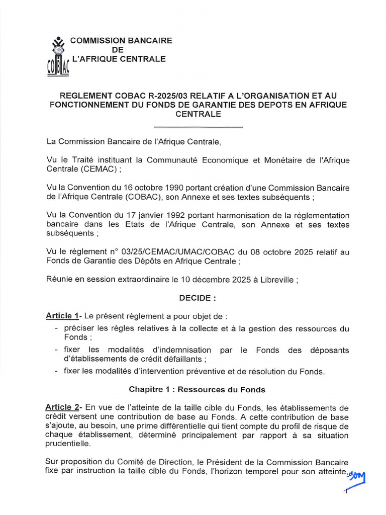Règlement COBAC R-2025-03 organisation et fonctionnement FOGADAC | PDF