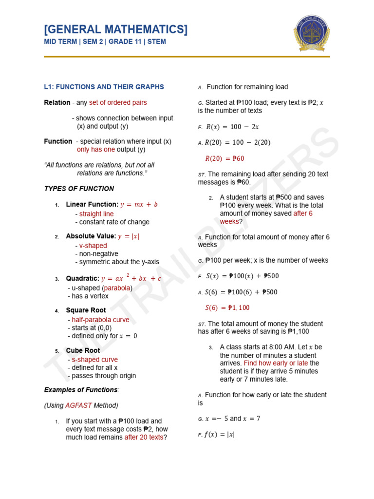Tara Review - General Math - Midterm | PDF | Function (Mathematics ...