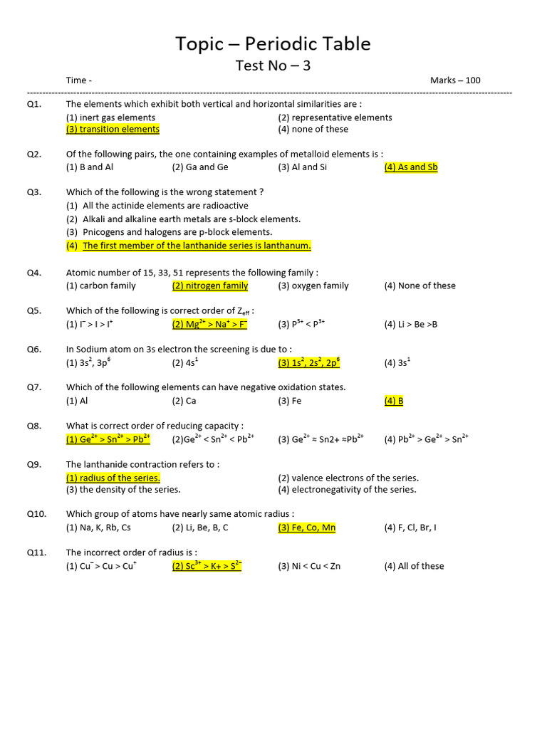 Periodic Table Test Questions and Answers | PDF | Periodic Table ...