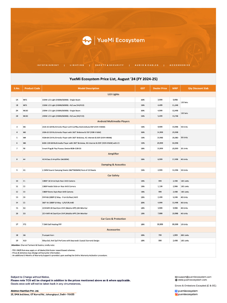 YueMi Ecosystem - Price List August '24 (FY 2024-25) | PDF