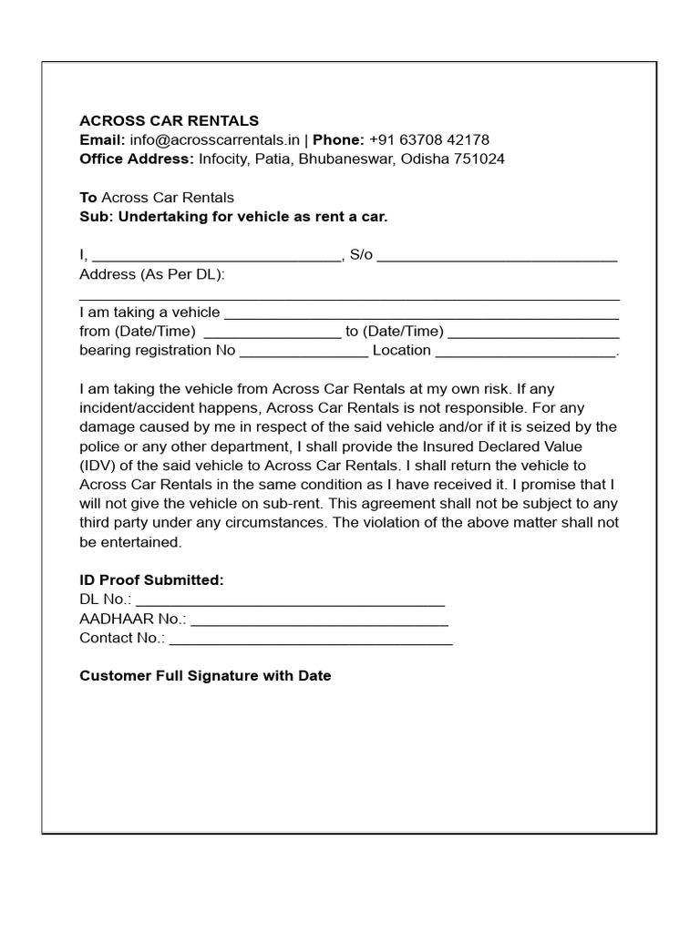 Car Rental Agreement Undertaking Form | PDF