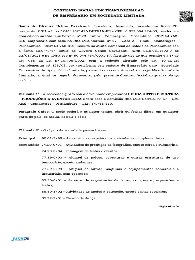 Registro da UCHOA ARTES E CULTURA LTDA | PDF | Companhia limitada ...