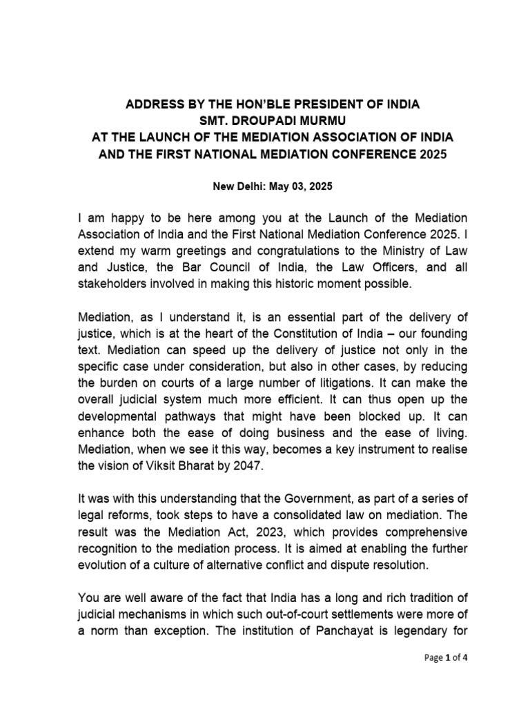 President Address Launch of Mediation Association of India | PDF ...