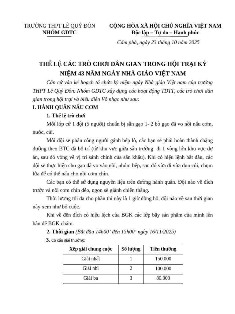 Trường THPT Lê Quý Đôn Nhóm GDTC Hội Trại-2025 | PDF