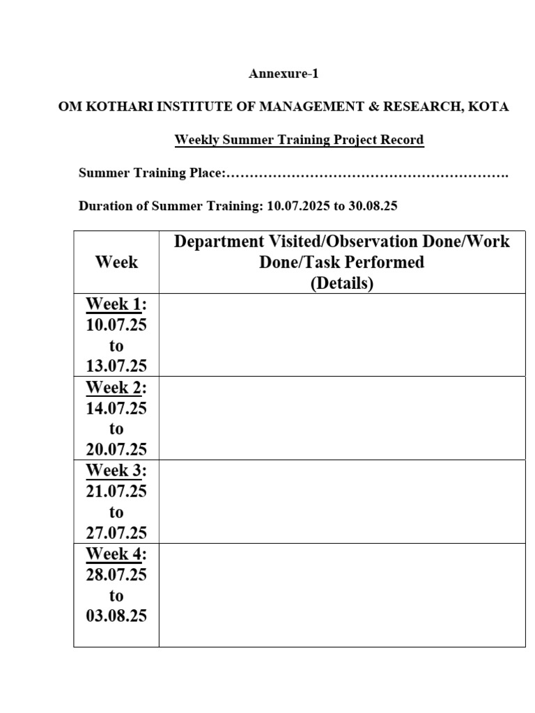 Weekly Summer Training Project Record Keeping Format | PDF