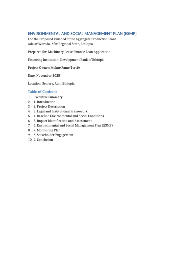 ESMP for Crushed Stone Plant in Afar | PDF